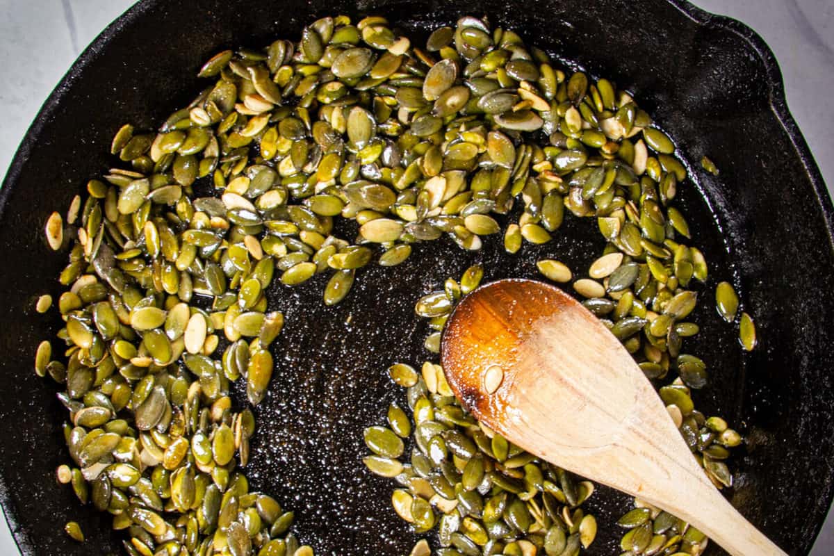Crunchy Roasted Pepitas with Chicken Fat, Cinnamon and Chili
