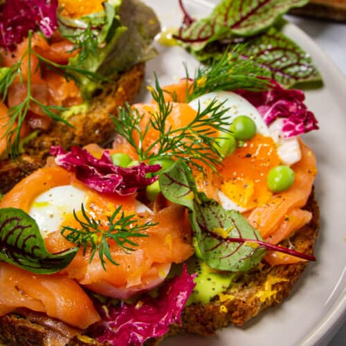 15 Minute Smoked Salmon Toast with Eggs + Peas - Braised & Deglazed