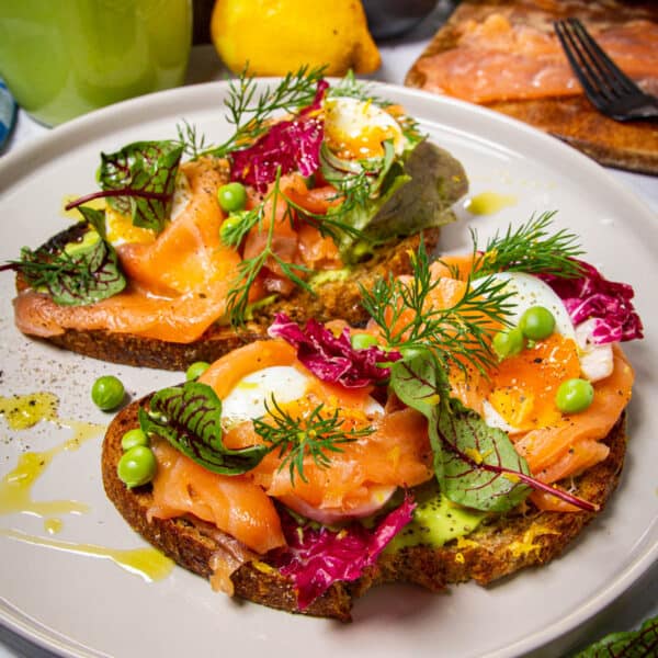 15 Minute Smoked Salmon Toast with Eggs + Peas - Braised & Deglazed
