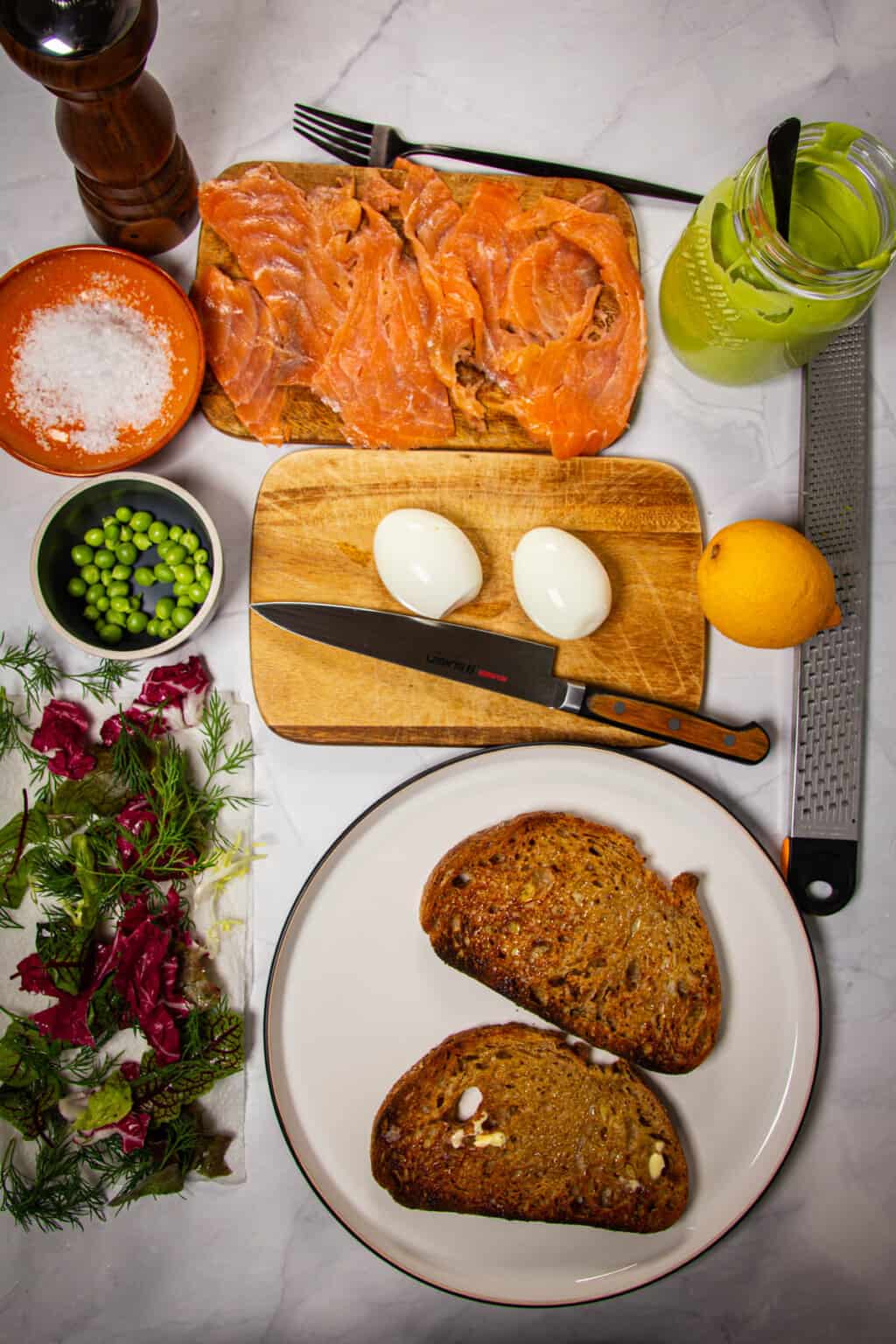 15 Minute Smoked Salmon Toast with Eggs + Peas - Braised & Deglazed