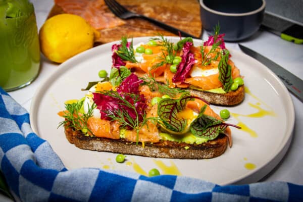 15 Minute Smoked Salmon Toast with Eggs + Peas - Braised & Deglazed